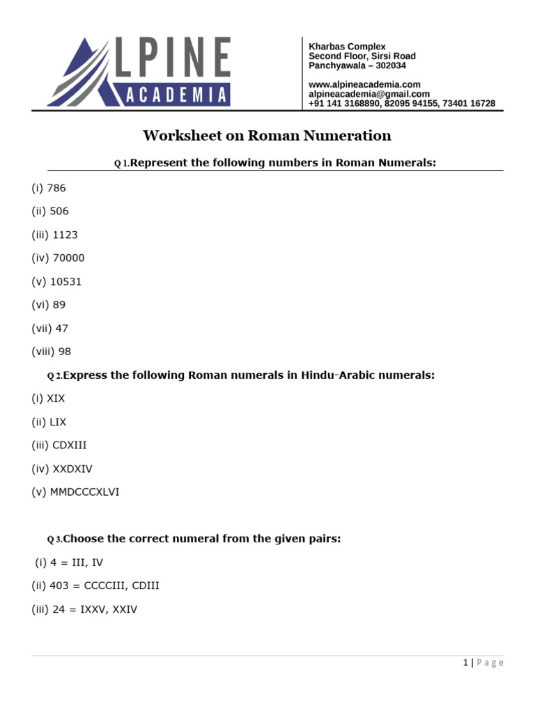 Roman Numerals Worksheet for Class 4 | PDF | Teaching Methods & Materials