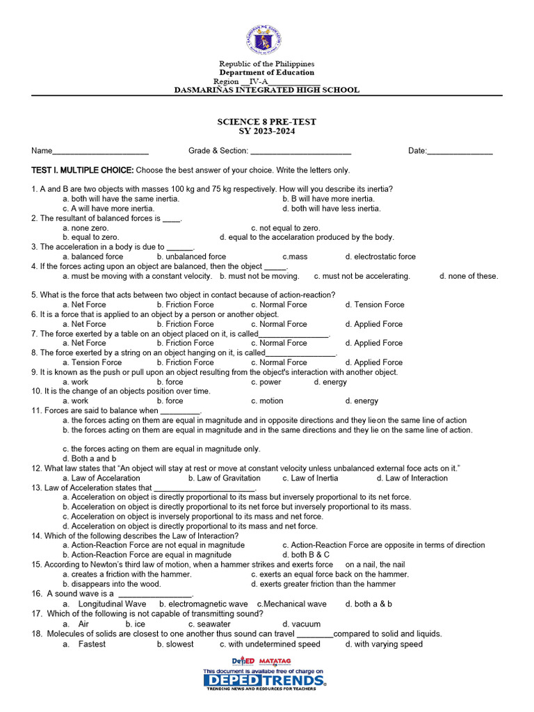 Sci 8 Pre Test Sy 2023-2024 | PDF | Force | Sound