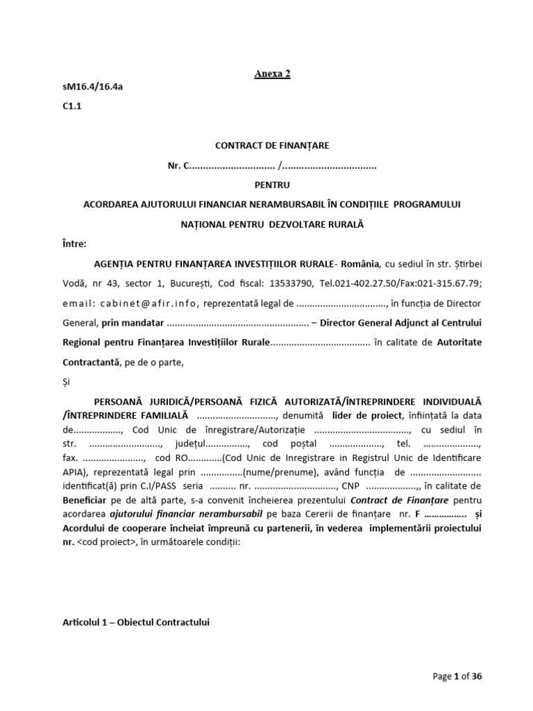 Anexa 14 Contract de Finantare M1.1A 16.4 - 16.4a | PDF