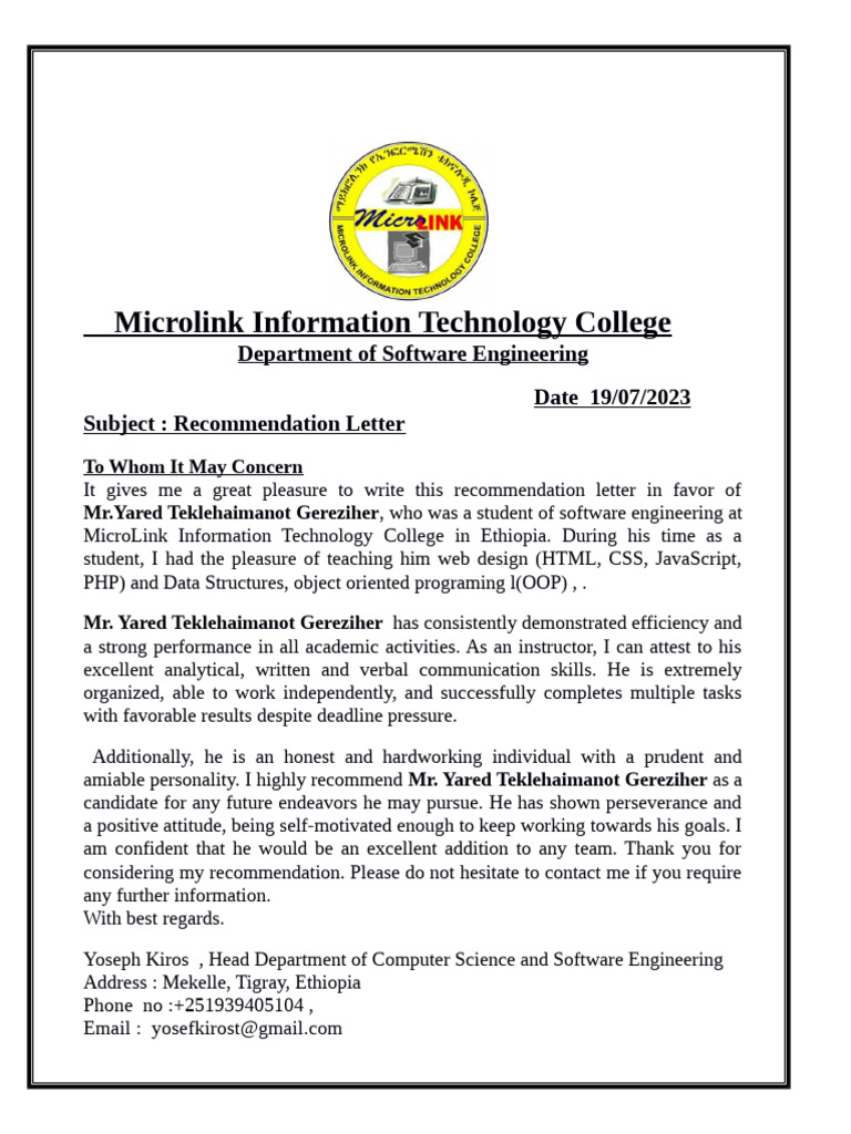 Recommendation for Yared Teklehaimanot | PDF