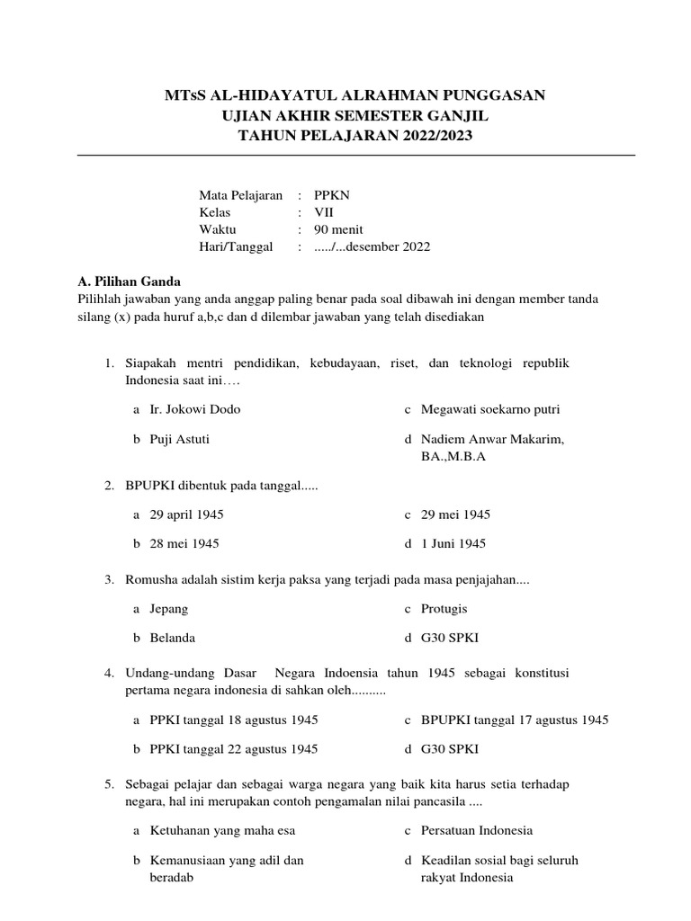 PPKN Soal Ujian Akhir Semester 1 PDF | PDF