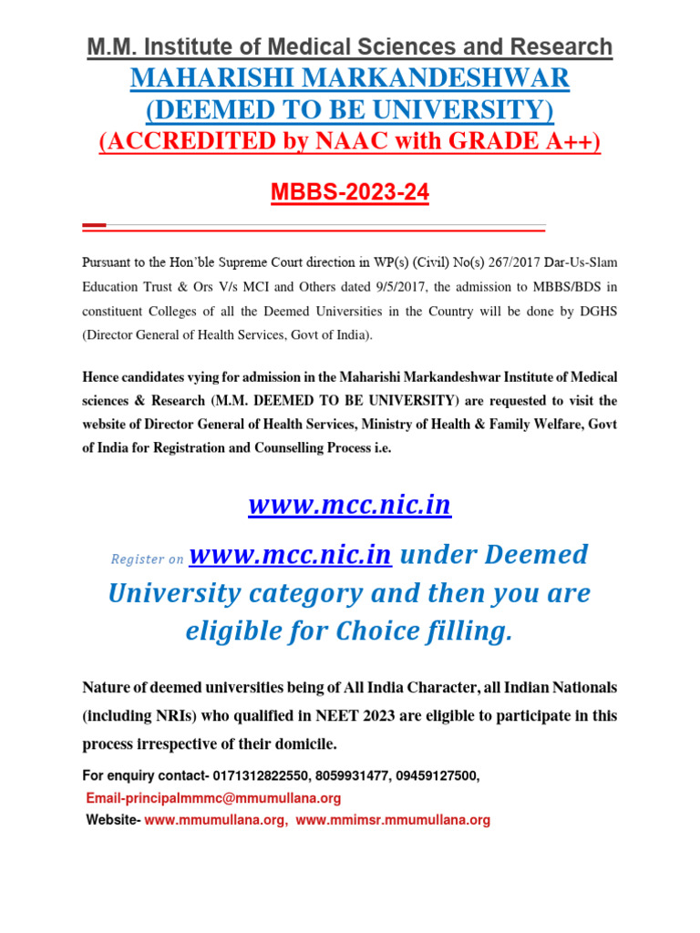 Maharishi Markandeshwar (Deemed To Be University) : (Accredited by Naac With Grade A++) | PDF