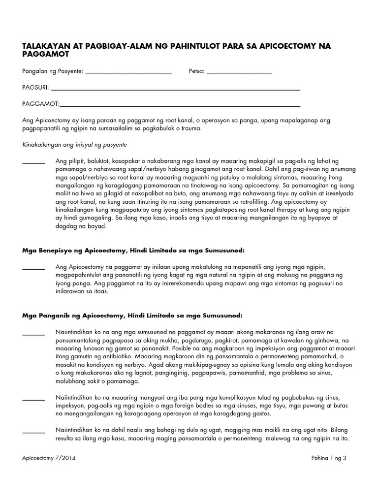 Discussion and Informed Consent Apicoectomy Tagalog | PDF