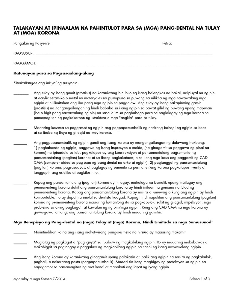 Discussion and Informed Consent Bridges Crowns Tagalog | PDF