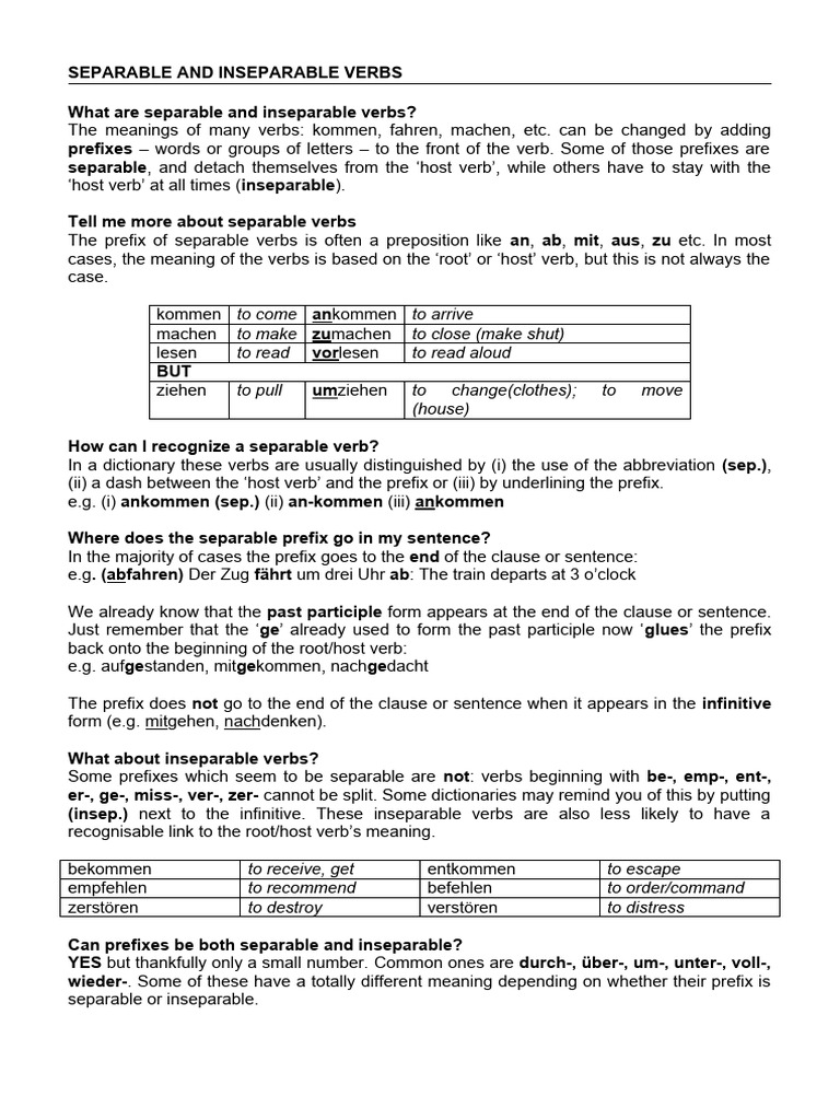 Separable & Inseparable Verbs | PDF | Verb | Linguistics