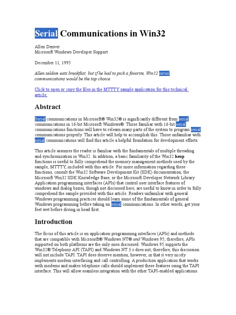 Serial Communications In Win32 Pdf Thread Computing Application Programming Interface