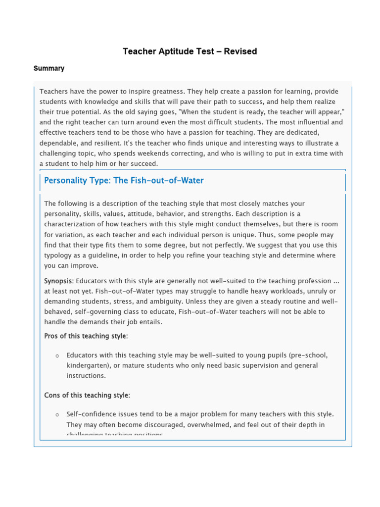 Teacher Aptitude Test - Revised - Sample Report | PDF