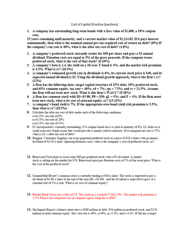 Cost of Capital Practice Questions | PDF | Cost Of Capital | Preferred Stock