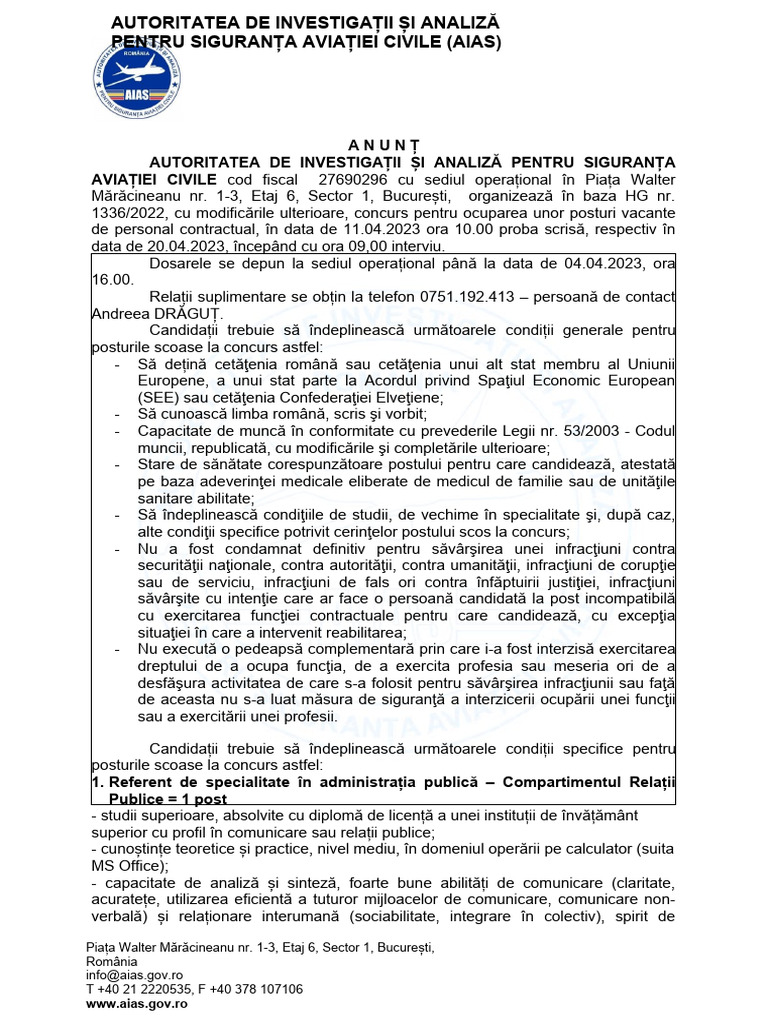2023.03.16 Anunt Concurs AIAS - Referent de Specialitate - Editabil | PDF