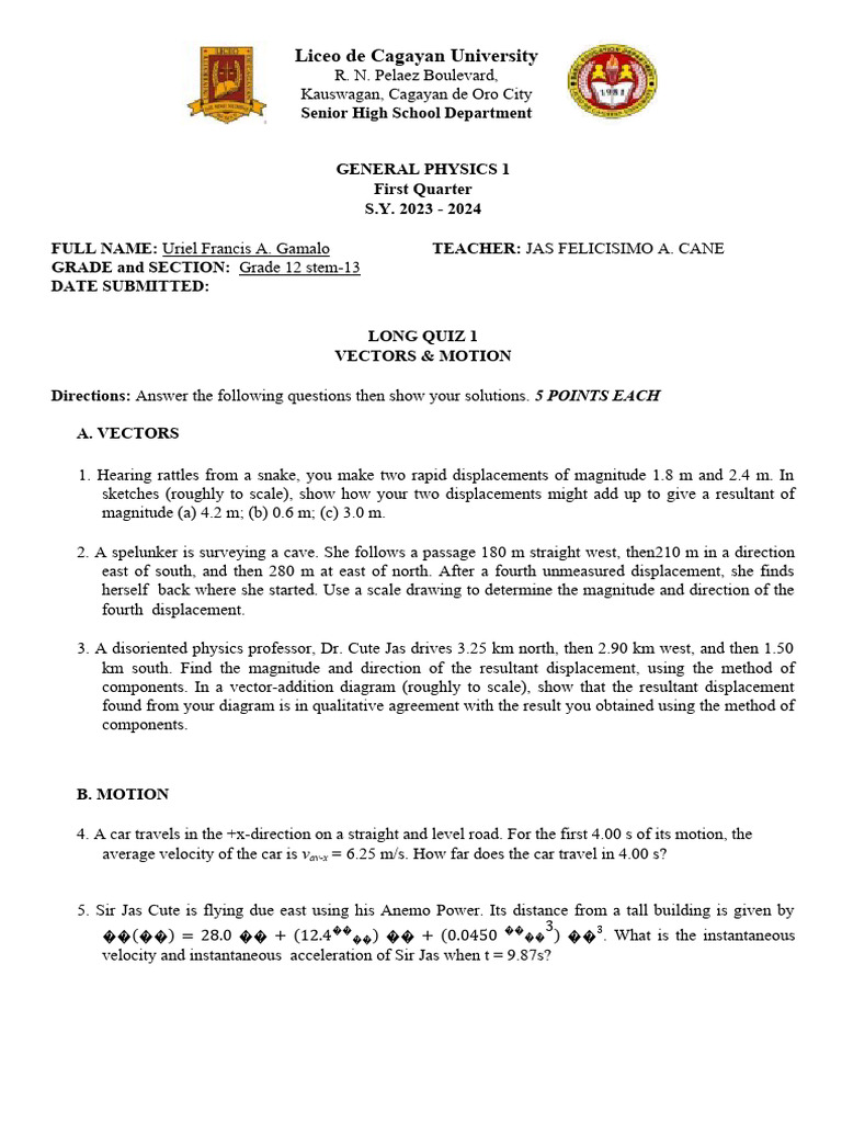 GP1 Long Quiz | PDF | Euclidean Vector | Velocity