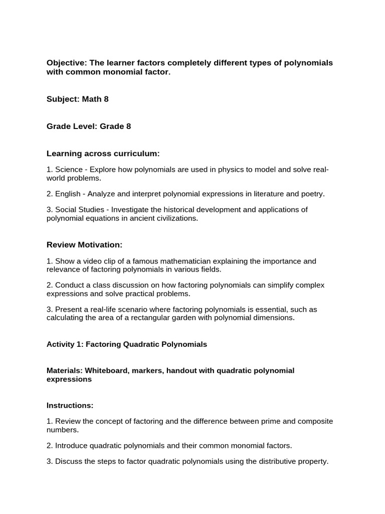 Lesson Plan | PDF | Factorization | Polynomial