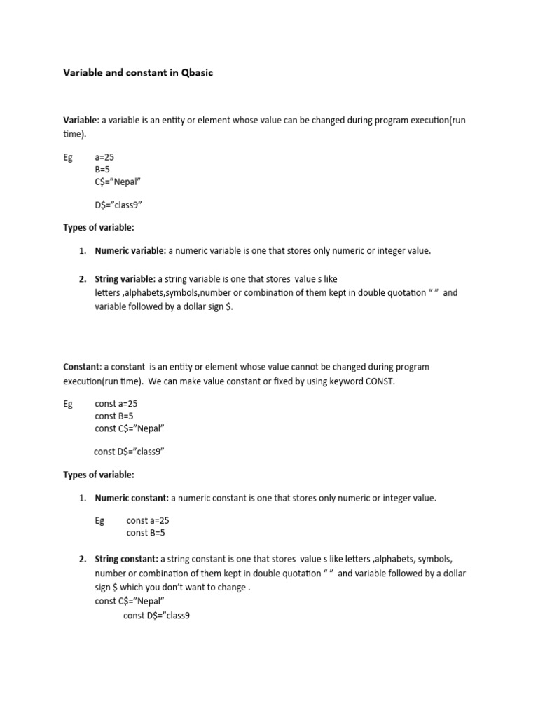 Variable and constant in Qbasic | PDF