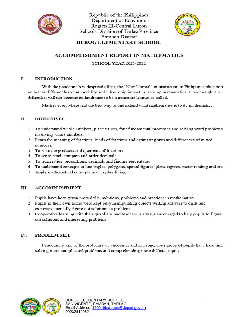Accomplishment Report in Math 2021-2022 | PDF