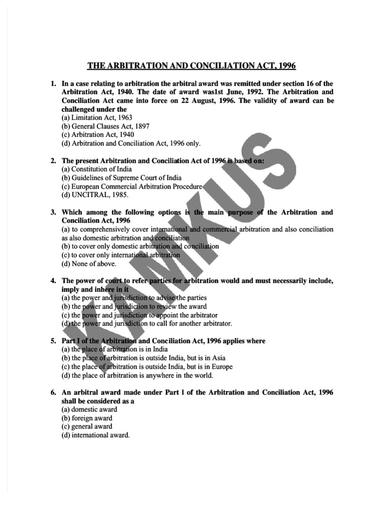 PDF MCQ The Arbitration and Conciliation Act 1996 - Compress | PDF | Arbitration | Arbitral Tribunal