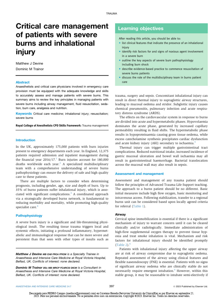 Critical Care Management of Patients With Severe Burns and Inhalational ...