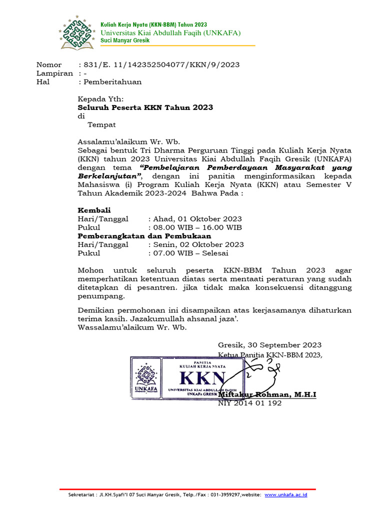Surat Pemberitahuan Peserta KKN Tahun 2023 | PDF