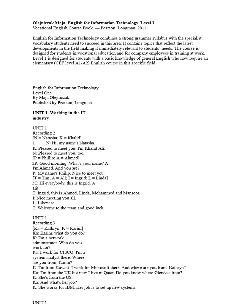 Olejniczak Maja English For Information Technology 1 | PDF