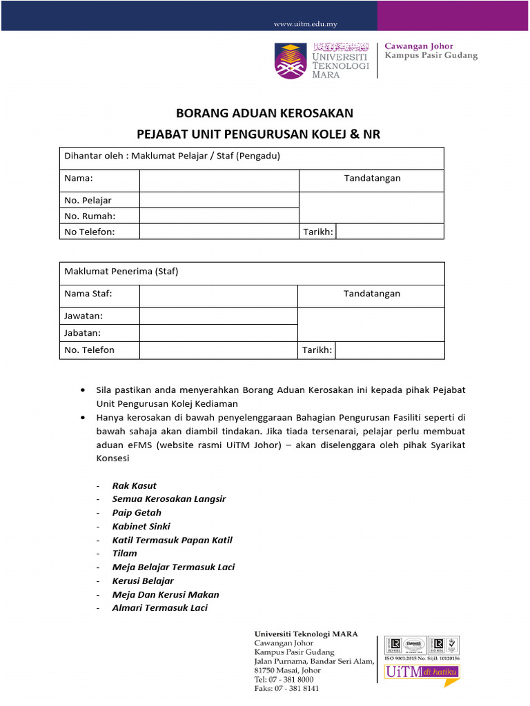 Borang Aduan Kerosakan One Off Item 1.0 | PDF
