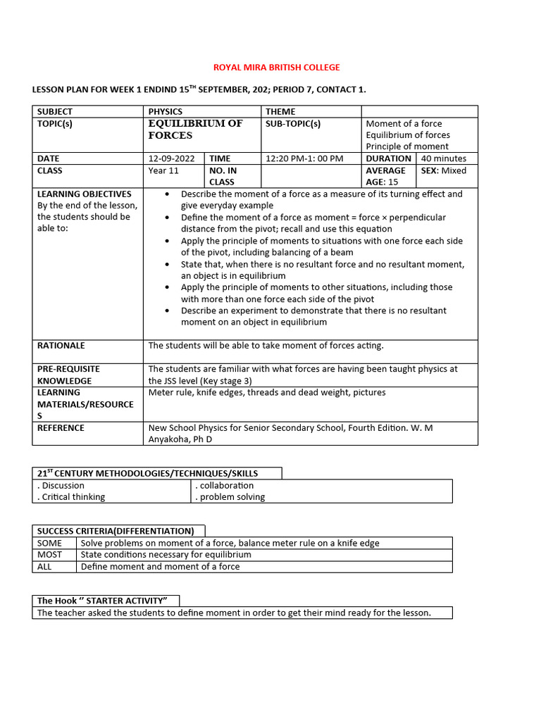 1ST TERM WEEK 1 YEAR 11 PHYSICS LESSON PLAN 2023-2024 | PDF