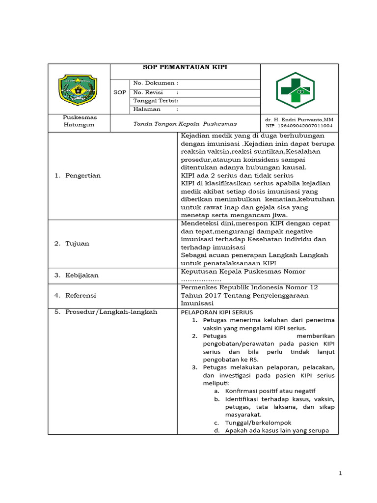 SOP Pemantauan KIPI | PDF
