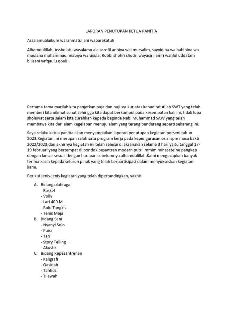 Laporan Penutupan Ketua Panitia | PDF