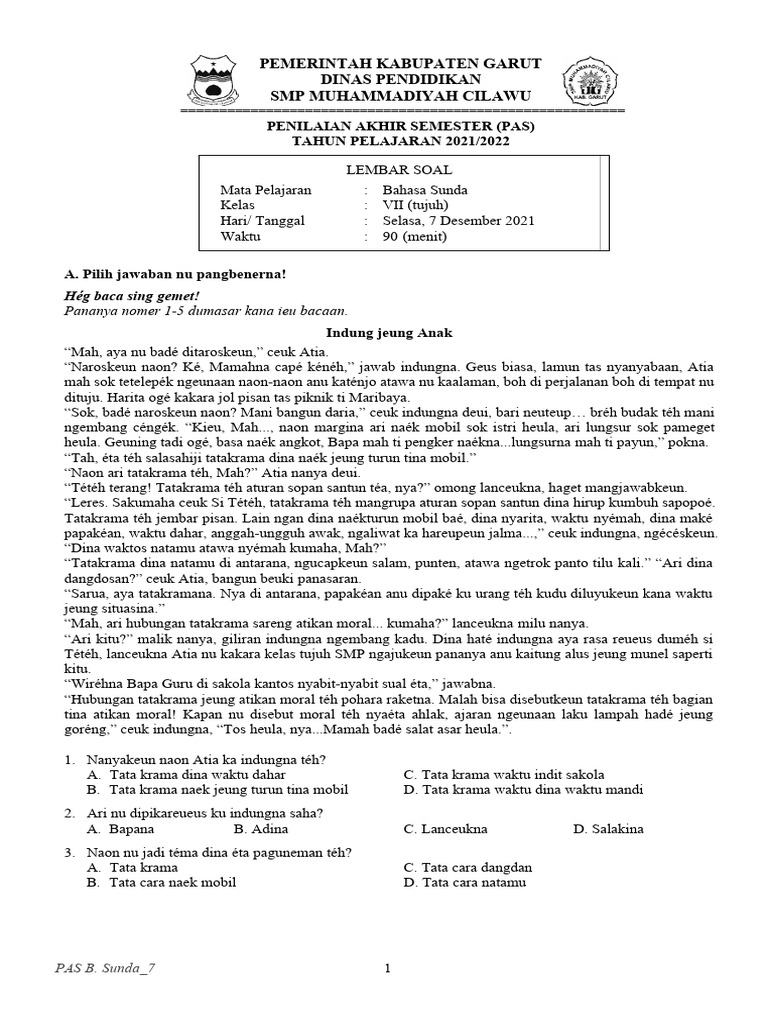 SOAL PAS B. SUNDA KLS 7-Edit | PDF