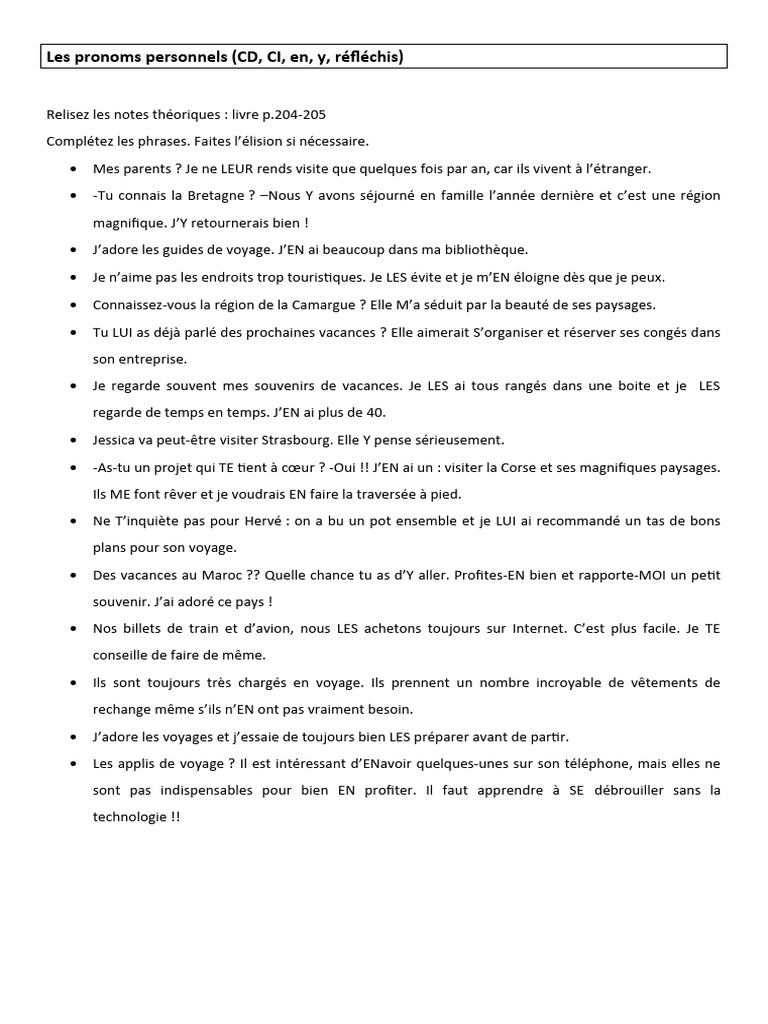 Les Pronoms Personnels - Corrigé | PDF