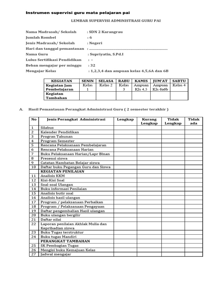 Instrumen Supervisi Guru Mata Pelajaran Pai | PDF