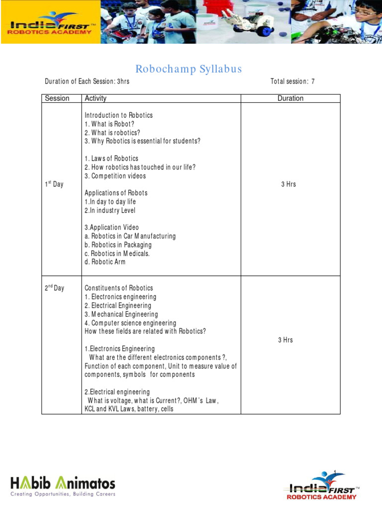 IndiaFIRST Robotics Robochamp Robotics Course Syllabus | PDF