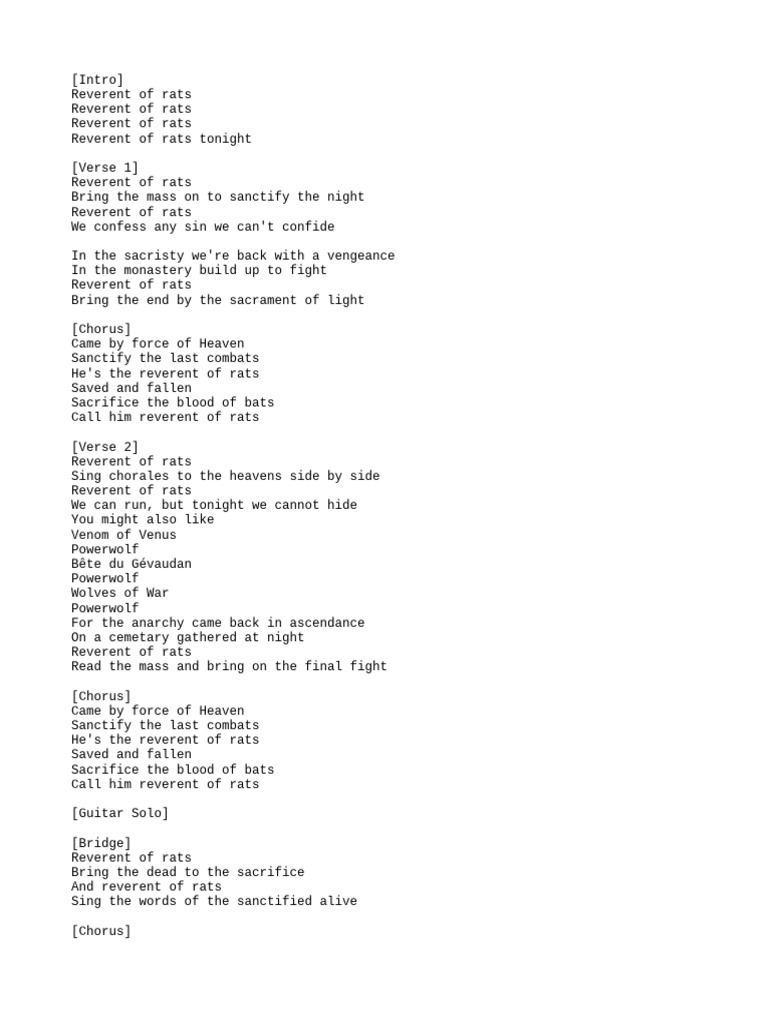 Powerwolf Revenant of Rats Lyrics | PDF