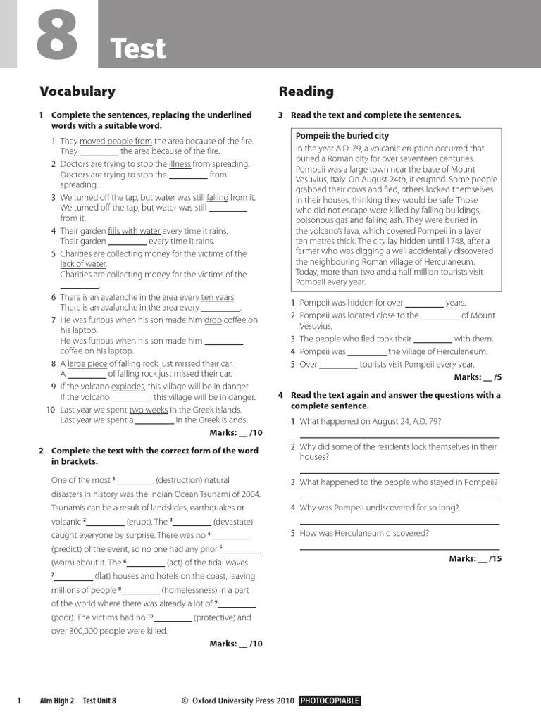 Aim High 2 Unit 8 Test | PDF | Pompeii | Tsunami