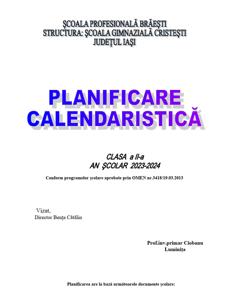 Planificare Calendaristica Clasa A Iia 20232024 | PDF