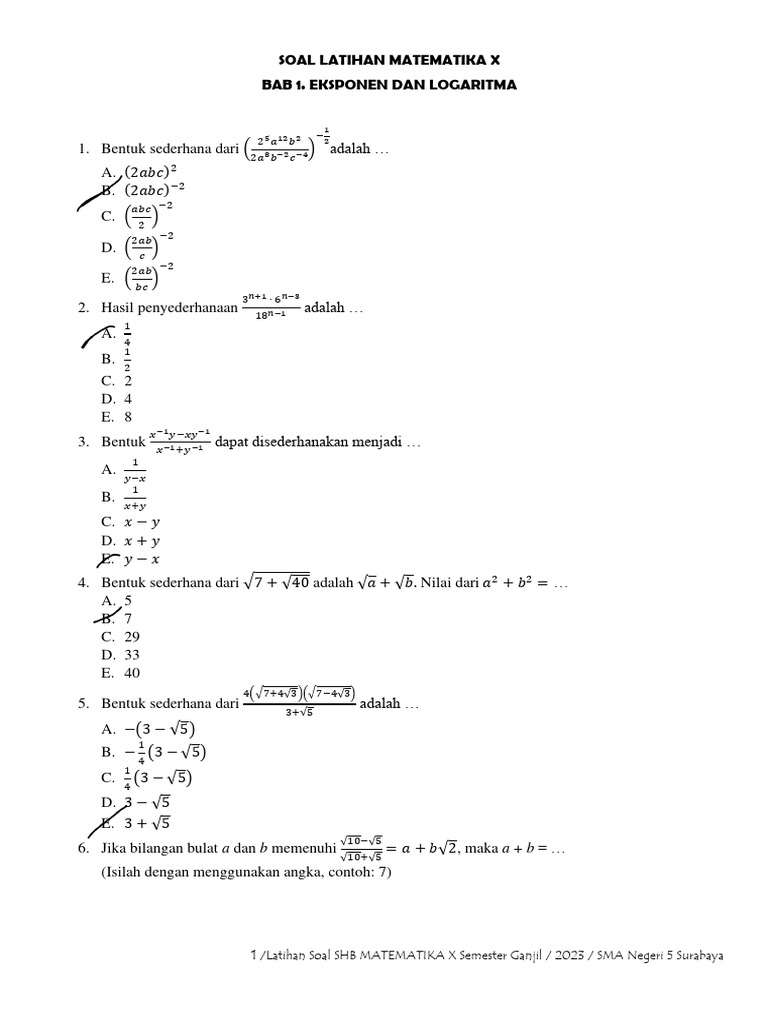 Soal Eksponen dan Logaritma Kelas X | PDF | Metode & Bahan Ajar | Sains ...