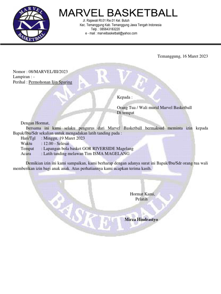 Surat Ijin Sparing Vs Isma | PDF