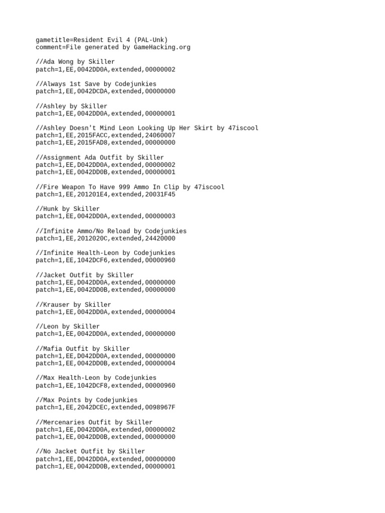 Resident Evil 4 (PAL-Unk) .Pnach | PDF | Computers