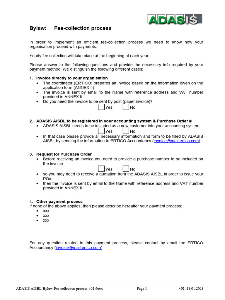 ADASIS AISBL Bylaw Fee Collection Process v01 | PDF