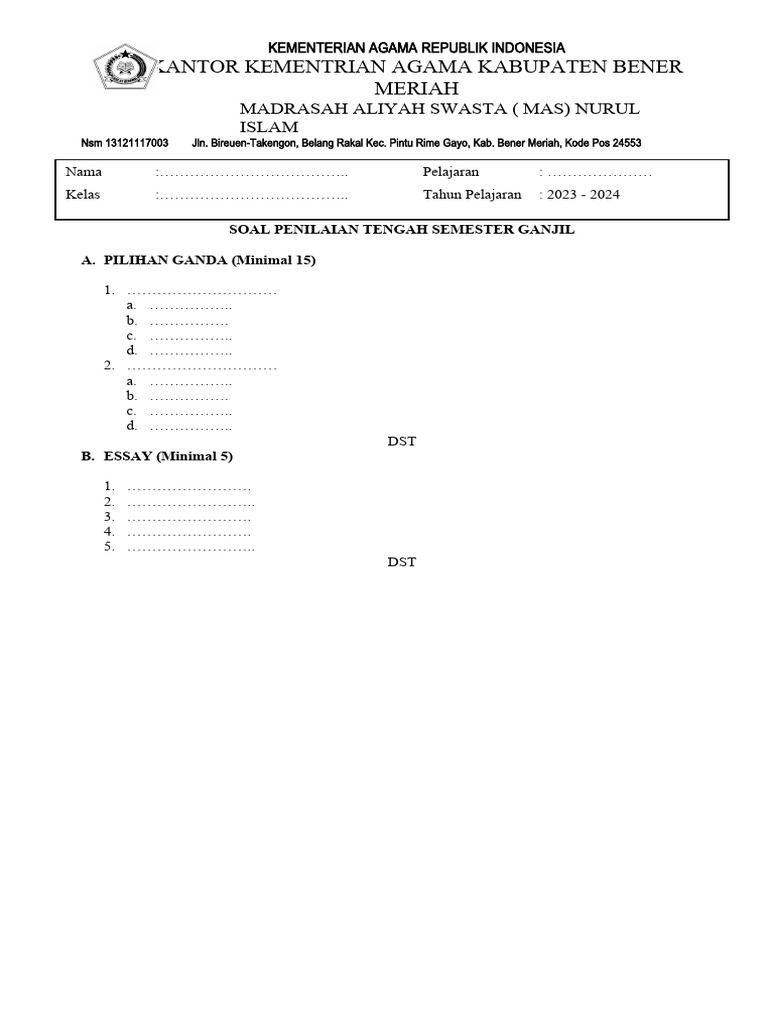 Kop Soal PTS MA | PDF
