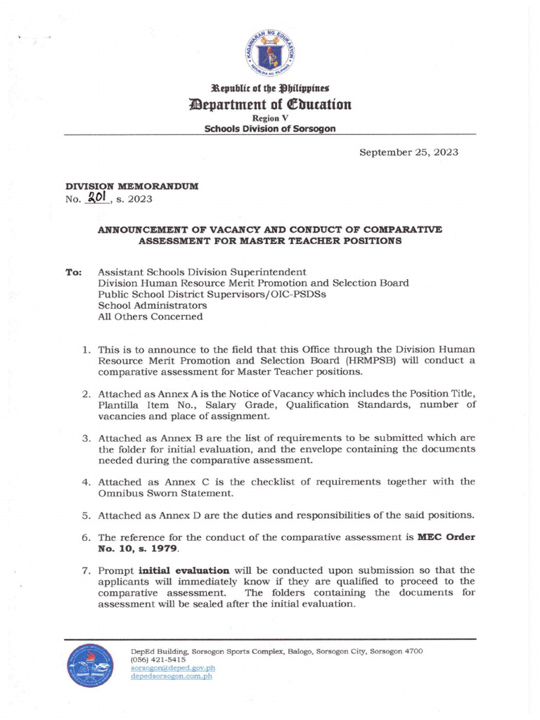 Application for Master Teacher-requirements | PDF