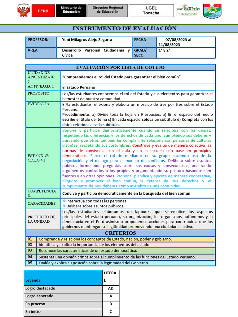 1º DPCC - LC Act.1 Uni 5 - Sem 01 | PDF | Perú | Estado (política)