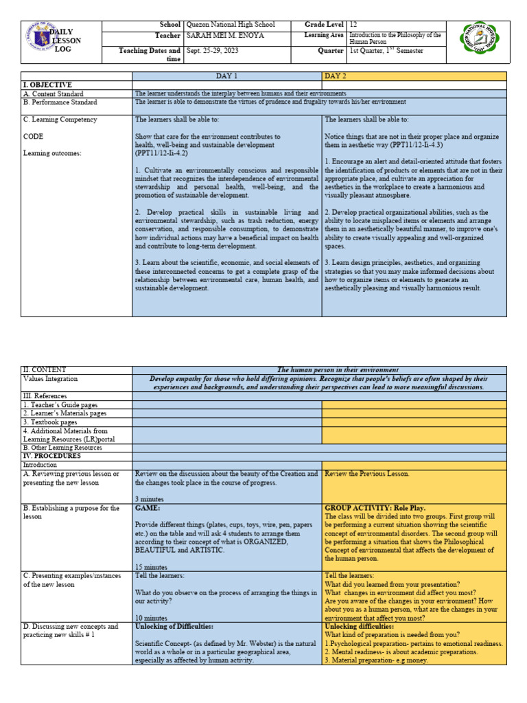 Daily Lesson Log: Philosophy & Environment | PDF