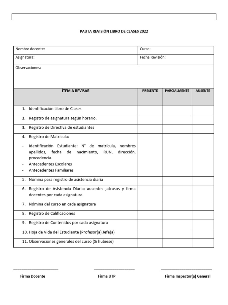 PAUTA REVISIÓN Libro de Clases.docx · versión 1 (1) | PDF