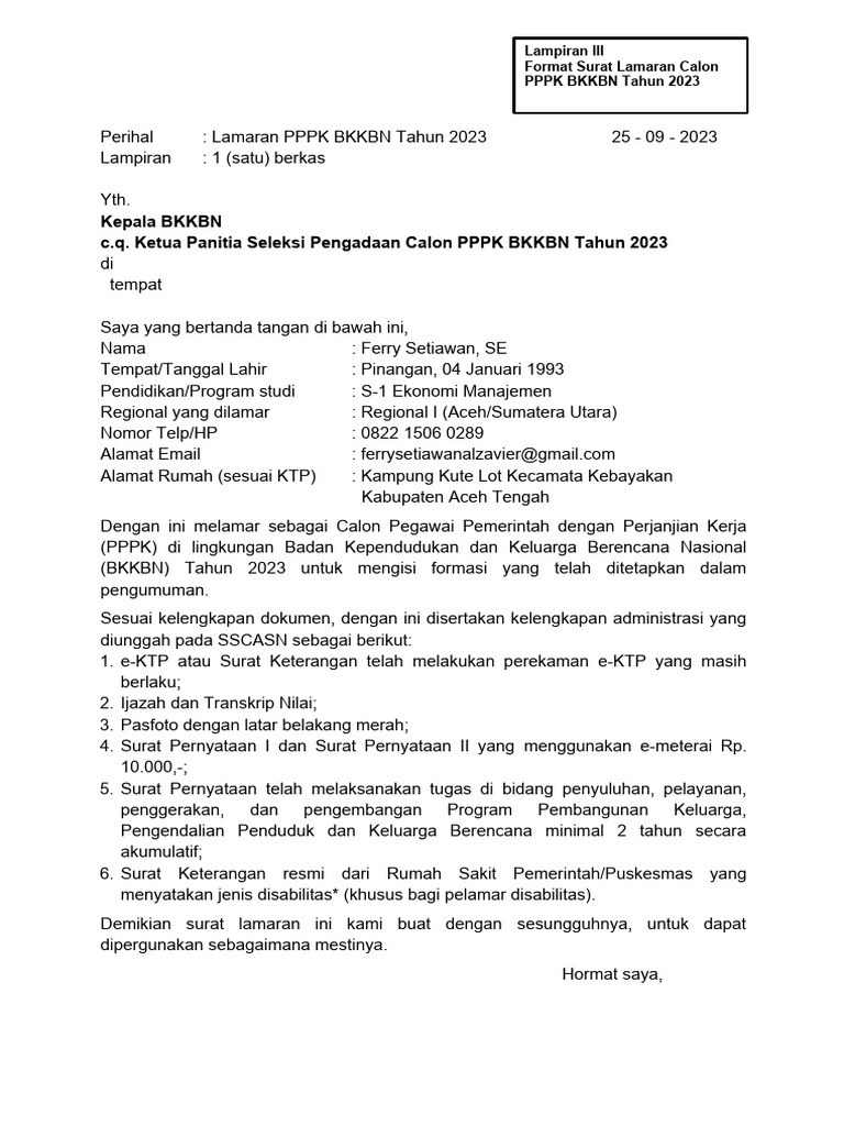 Lampiran III - Format Surat Lamaran Calon PPPK BKKBN 2023 | PDF