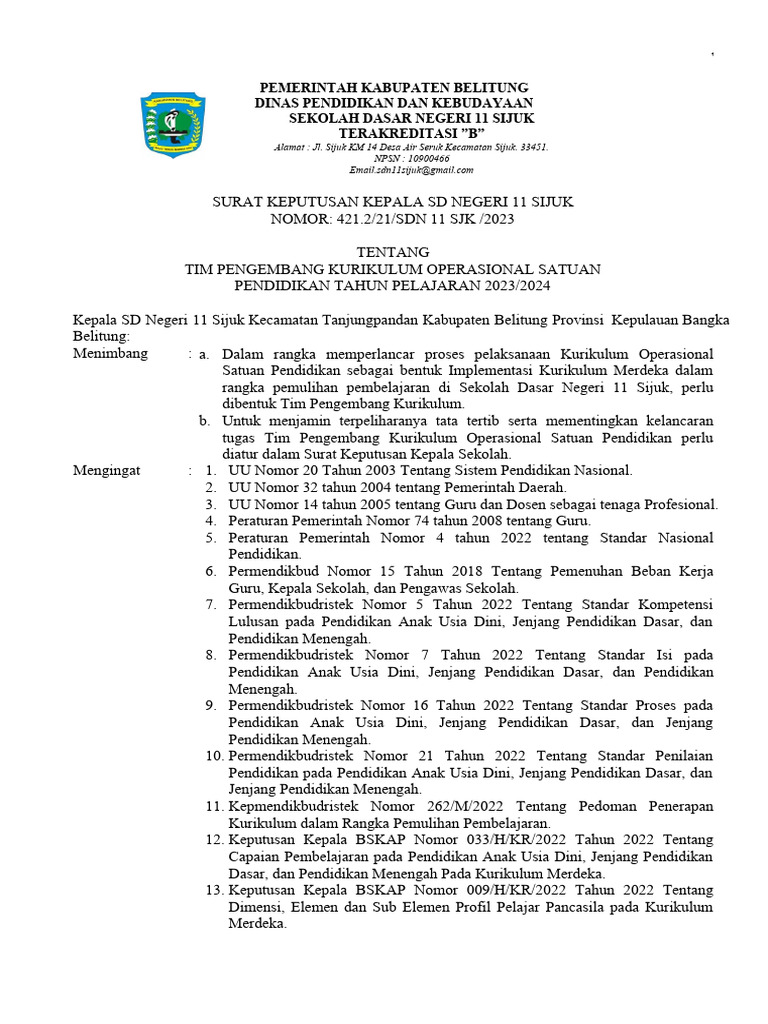 SK TIM KOSP Kurikulum Merdeka Mandiri Berubah | PDF