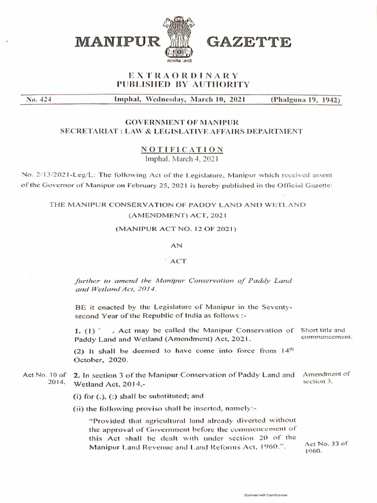 Manipur Paddy Land Amendment Act 2021 | PDF