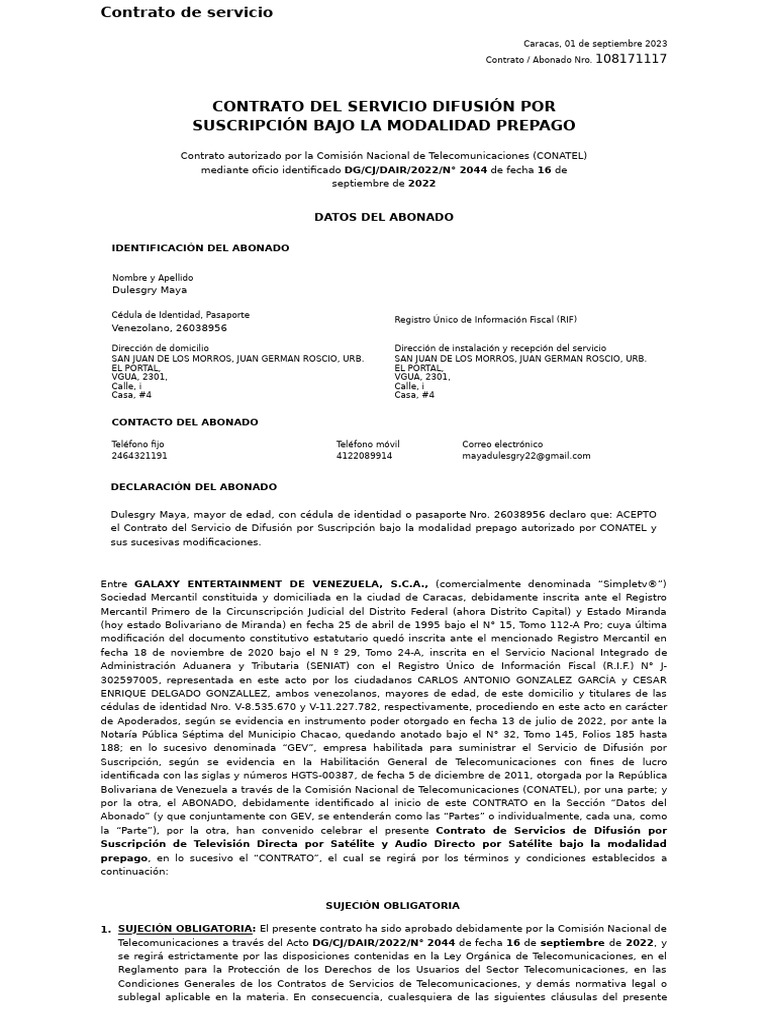 Simpletv - Contrato R Suscripción | PDF | Telecomunicaciones | Tecnología de información y ...