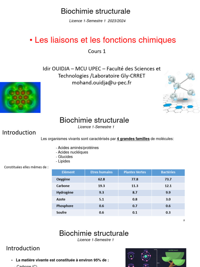 Cours 1 Bioch L1 2023-2024 Liaisons Et Fonctions Chimiques | PDF