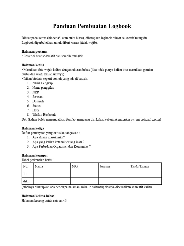 Panduan Pembuatan Logbook Dan Contohnya | PDF