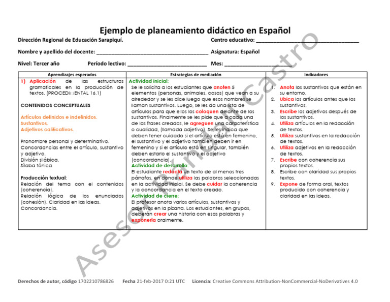 Ejemplo de Planeamiento Didáctico en Español | PDF
