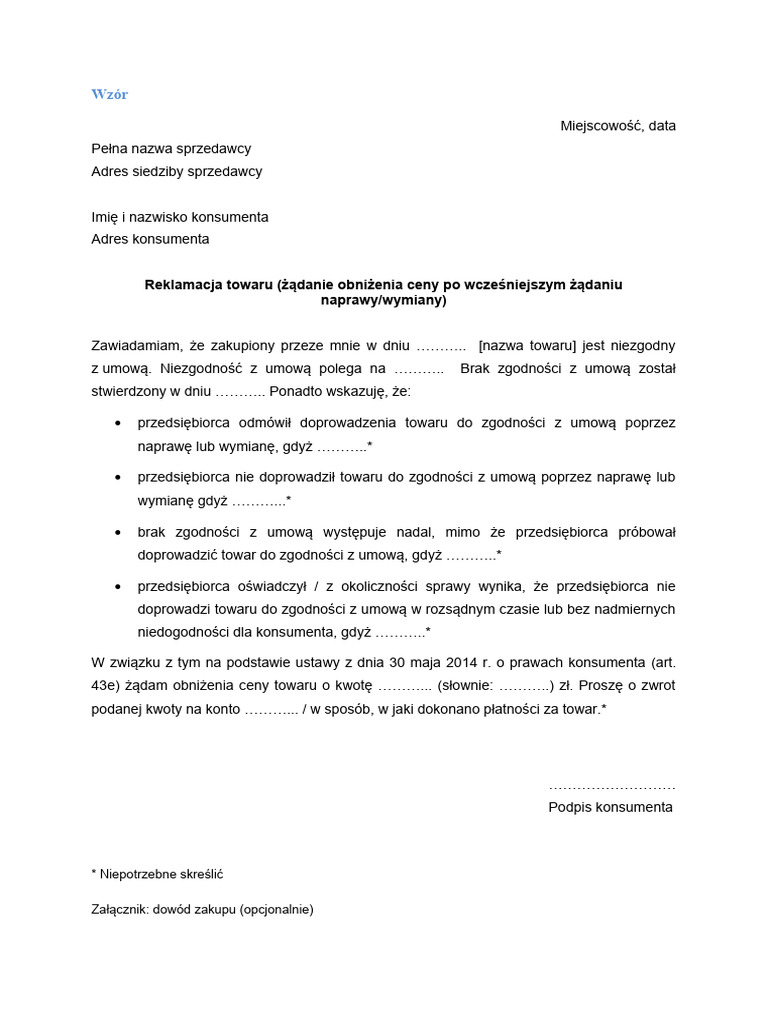 Wzor Reklamacja Towaru-Obnizenie Ceny Po Zadaniu Naprawy Lub Wymiany | PDF