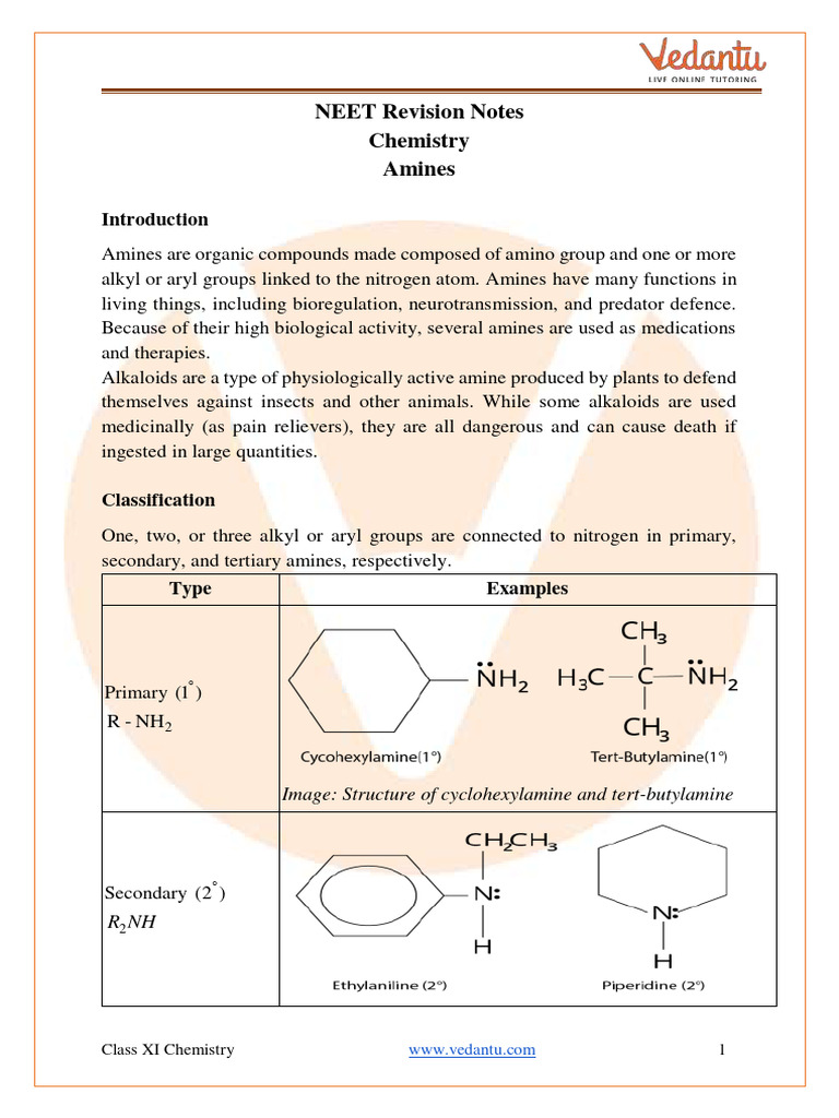 Amines Class 12 Notes NEET Chemistry (PDF) | PDF | Amine | Ammonium